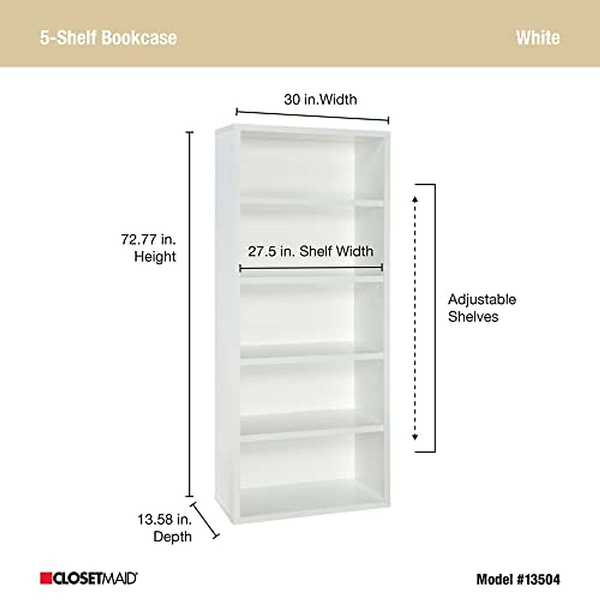 ClosetMaid Bookshelf with 5 Shelf Tiers, Adjustable Shelves, Tall Bookcase Sturdy Wood with Closed Back Panel, White Finish