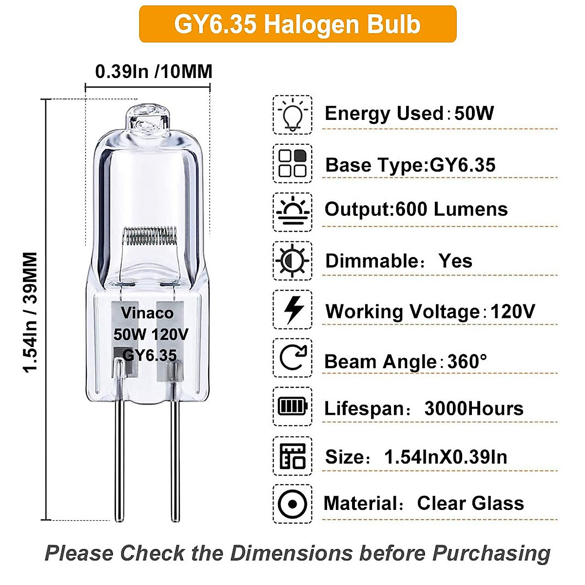 Vinaco GY6.35 Halogen Bulb, 10 Pack 50W 120V T4 GY6.35 Bi-Pin Base Clear Halogen Bulb, GY6.35 Bulb Dimmable with 2800K Warm White, T4 GY6.35 120V 50W for Pendant Light, Microwave Oven, Table Lamp