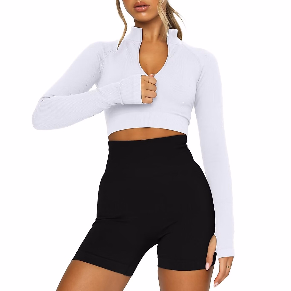 LEEDYA Womens Half Zip Long Sleeve Pullover Shirts Slim Fit Workout Yoga Athletic Top with Thumbholes White L