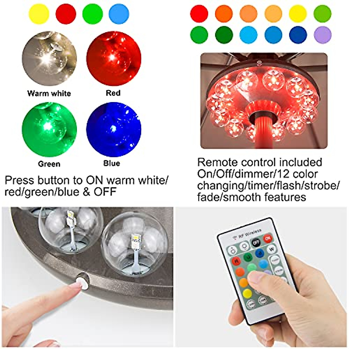 LUXSWAY Umbrella Lights Battery Operated,12 Color Changing Outdoor Patio Umbrella Light for Pole with 80Ft Remote,12 Clear Bulb 48 LEDs,4 Modes,4 Timer Option,Umbrella Hanging Light for Camping,BBQ