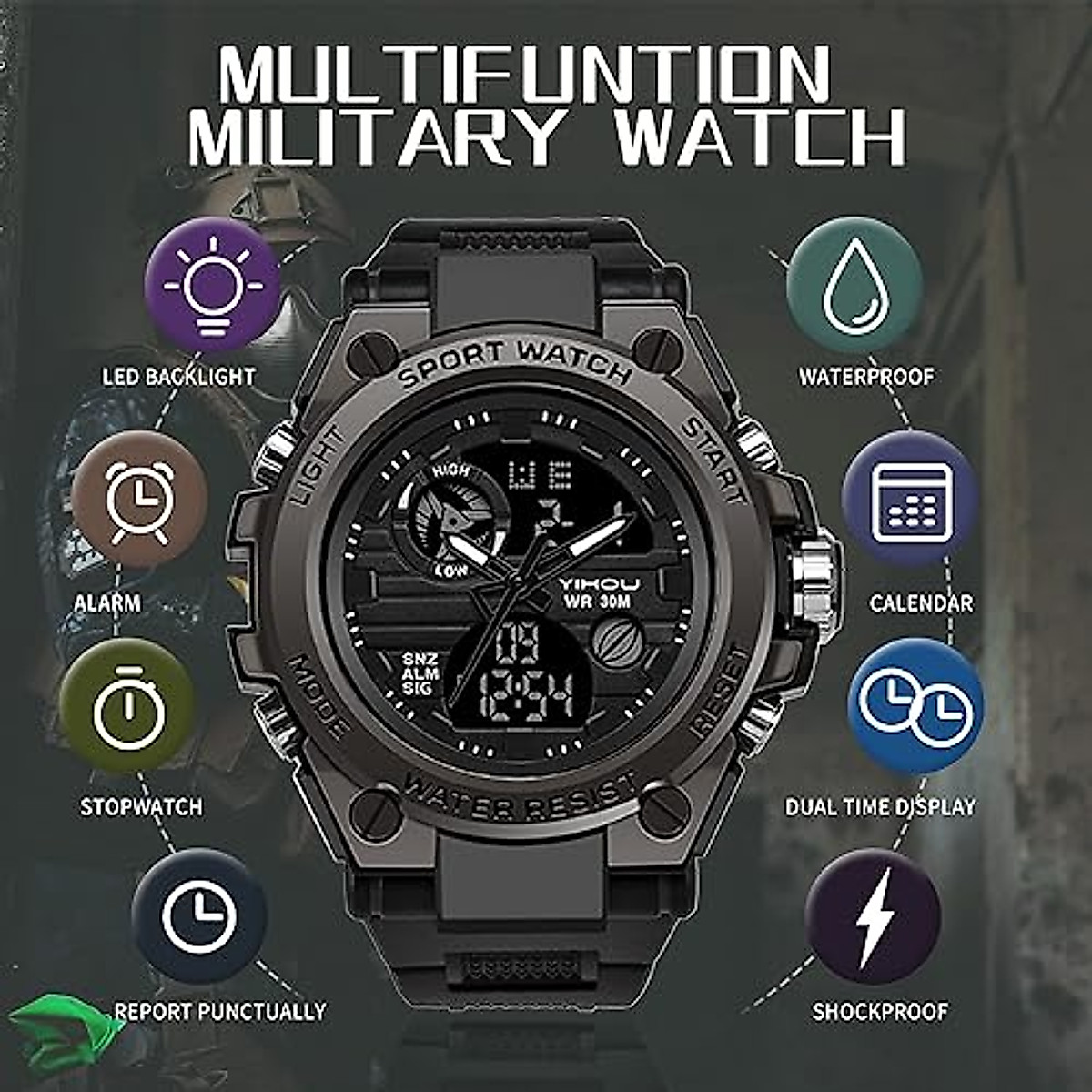 Yihou Men's Military Watch Outdoor Sports Electronic Watch Tactical Army Wristwatch LED Stopwatch Waterproof Digital Analog Watches