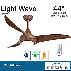 MINKA-AIRE F845-DK Light Wave 44 inch Ceiling Fan with LED Light and Remote Control, Brown Distressed Koa Finish
