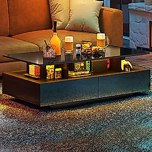 YITAHOME LED Coffee Table with Storage, High Glossy LED Coffee Tables for Living Room, Small Center Table with Open Display Shelf & Sliding Drawers, Black