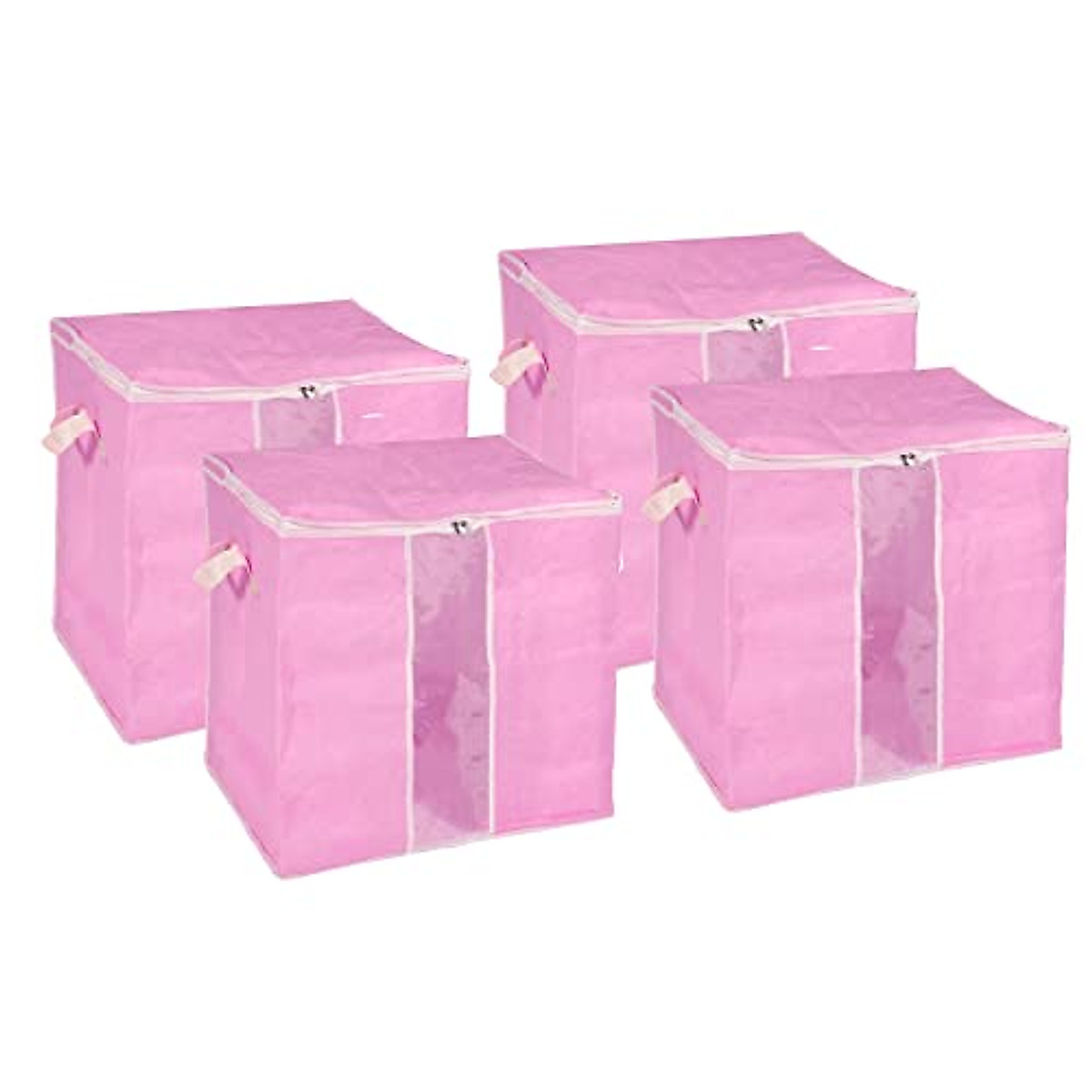 uxcell Clothes Storage Organizer Bag with Reinforced Handle 4pcs, Comforters Storage Bag for Clothes, Bedding, Blankets, Foldable with Sturdy Zipper-Pink