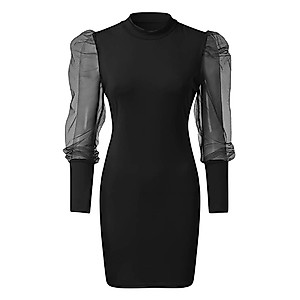 Shakumy Women Puff Mesh Long Sleeve Round Neck Bodycon Pencil Party Mini Dress Casual Elegant Cocktail Club Short Dress