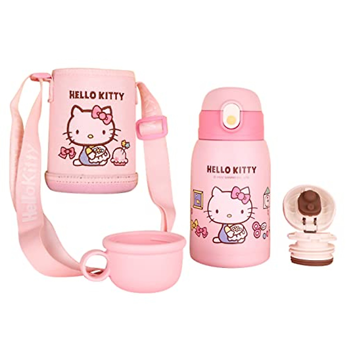 Everyday Delights Sanrio Hello Kitty Stainless Steel Insulated Water Bottle Double Covers with Cup, Straw and Bag 480ml, Pink (KT6603)