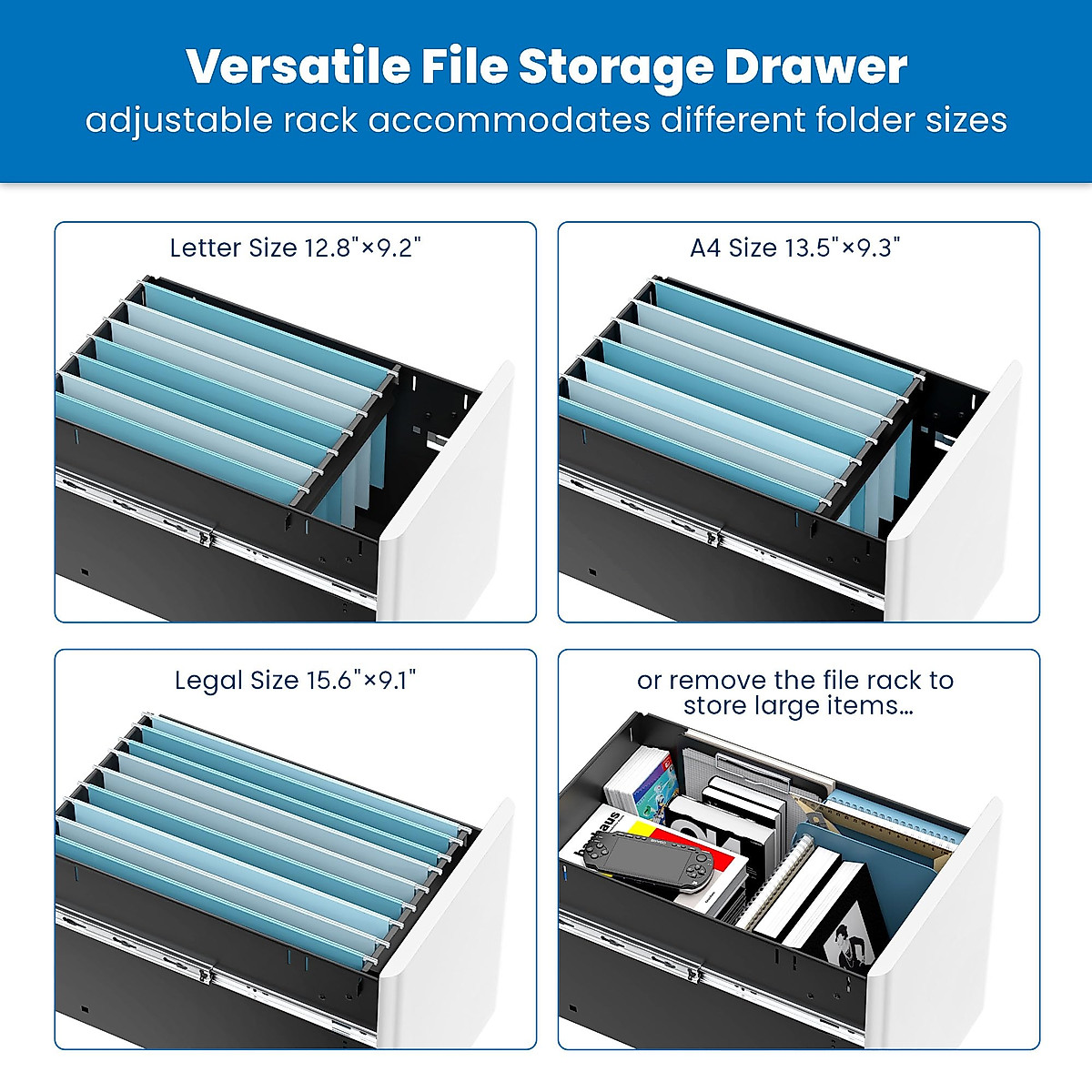 Mount-It! Mobile File Pedestal, File Cabinet with 3 Drawers, Slim Design Under Desk Storage for Files, Folders and Office Supplies, Organizer Cabinet with Lock for Home and Office, White