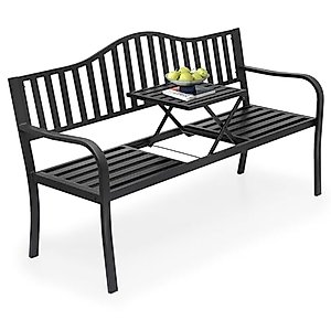 Athena Collection Patio Garden Bench with Pullout Middle Table Garden Bench with Back Metal Slatted Bench with Armrest Outdoor Bench Chair Patio Furniture for Porch, Park, Garden, Farmhouse, Black