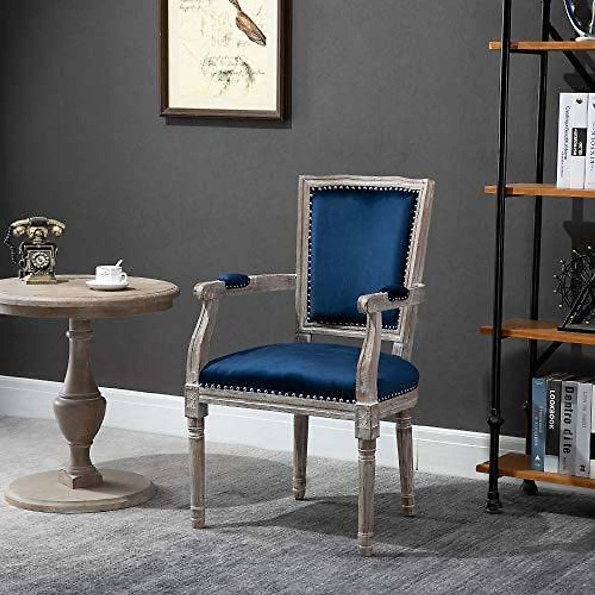 HOMCOM Vintage Dining Chair with High Back, Thick Sponge Padded Seat and Section Armrest with Wood Frame, Blue