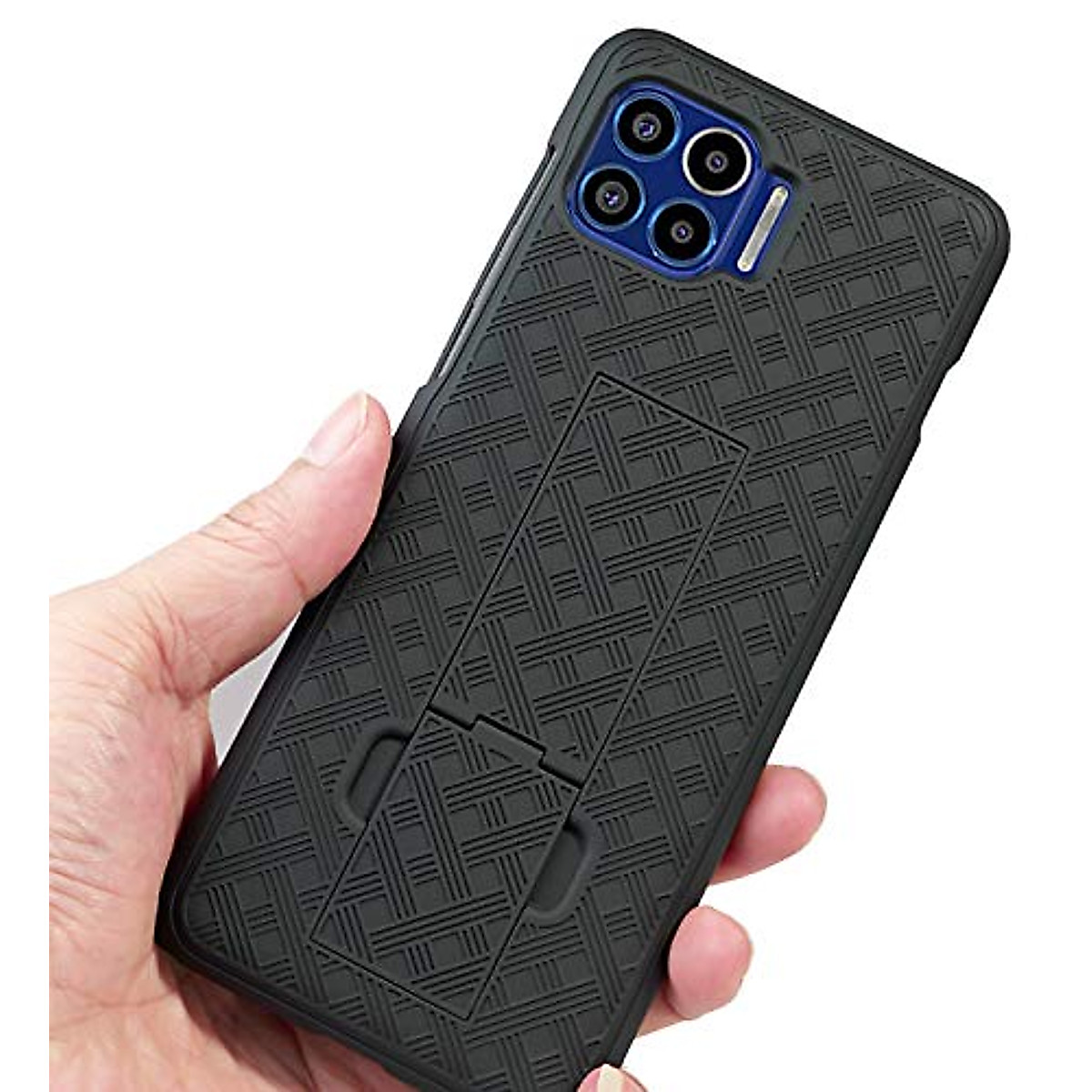 Case with Clip for Moto One 5G, Nakedcellphone [Black Tread] Kickstand Cover with [Rotating/Ratchet] Belt Hip Holster Combo for Motorola Moto One 5G Phone (XT2075)