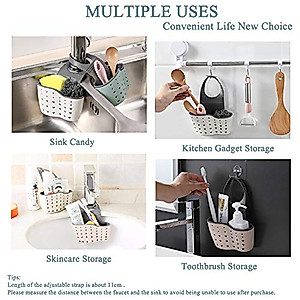 Sink Caddy Sponge Holder for Sink, Double Hanging Ajustable Strap, Silicone Sponge Caddy with Drain Holes for Drying, Sink Sponge Soap Caddy over Faucet Keep Kitchen Organized, 2PCS,Beige