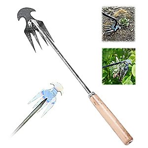 Weeding Artifact Uprooting Weeding Tool, Manganese Steel Multifunctional Weeder, Hand Weeder Tool, 4 Teeth Stand Up Weed Puller Tool with Handle for Garden Yard Farm Weed Removal (11in, Wood Handle)