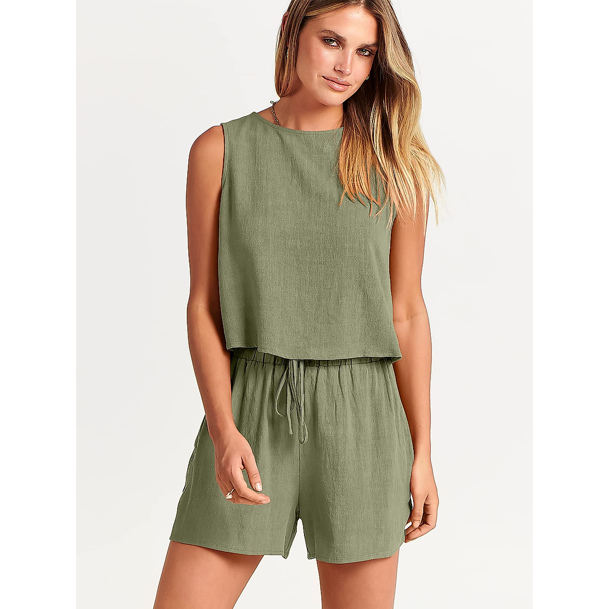 ANRABESS Women’s Summer 2 Piece Linen Shorts Sets Sleeveless Crop Top Romper Lounge Set 2024 Trendy Beach Outfits Olive Small