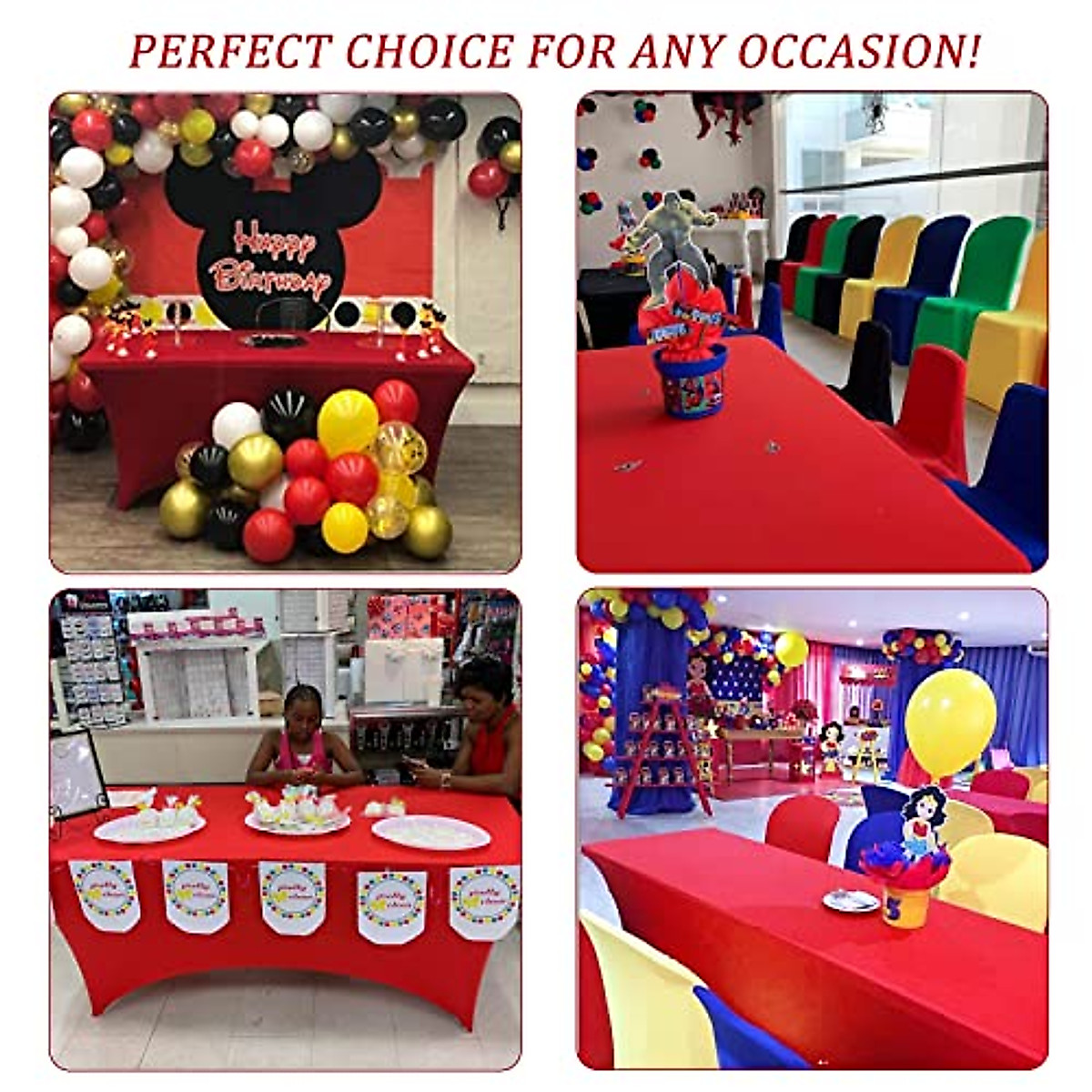 6FT Spandex Table Cover Table Cloth for Folding Tables Fitted Rectangular Tablecover Washable Wrinkle Resistant Polyester Stretch Red Tablecloth Protector for Wedding Banquet Party (4 Pack, Red)