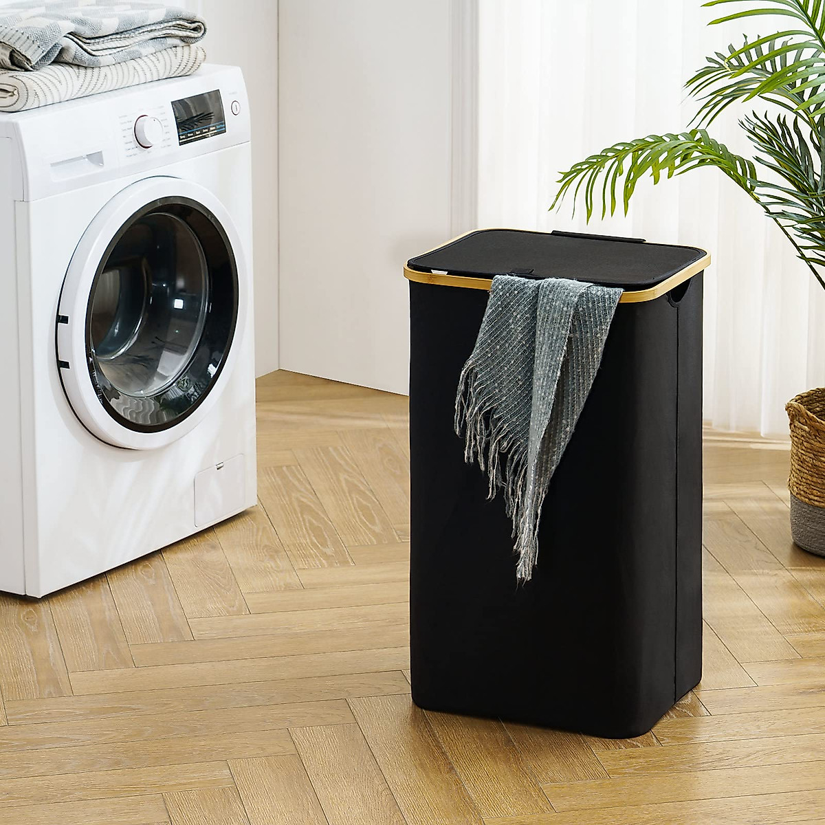 100L Large Laundry Basket with Lid by TECHMILLY, Tall Laundry Hamper with Bamboo Handles for Clothes and Toys Storage, Foldable Clothes Hamper for Bedroom, Dorm Room, Bathroom, Black