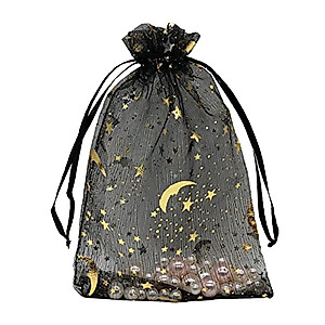 Jexila 100PCS Black Organza Bags 5''X7'' Moon Star Pattern Mesh Jewelry Gift Bags with Drawstring for Wedding Party Favor Small Candy Bags