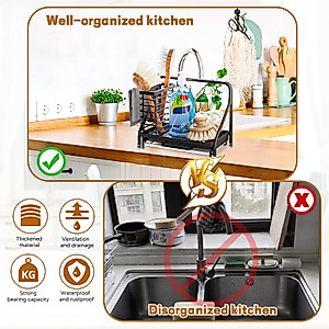 KMOTASUO Kitchen Sink Caddy Organizer, Sink Tidy Caddy Organizer Sponge Brush Soap Holder with Drain Pan, Kitchen Utensil Holders Cleaning Caddy for Countertop Stainless Steel Rustproof