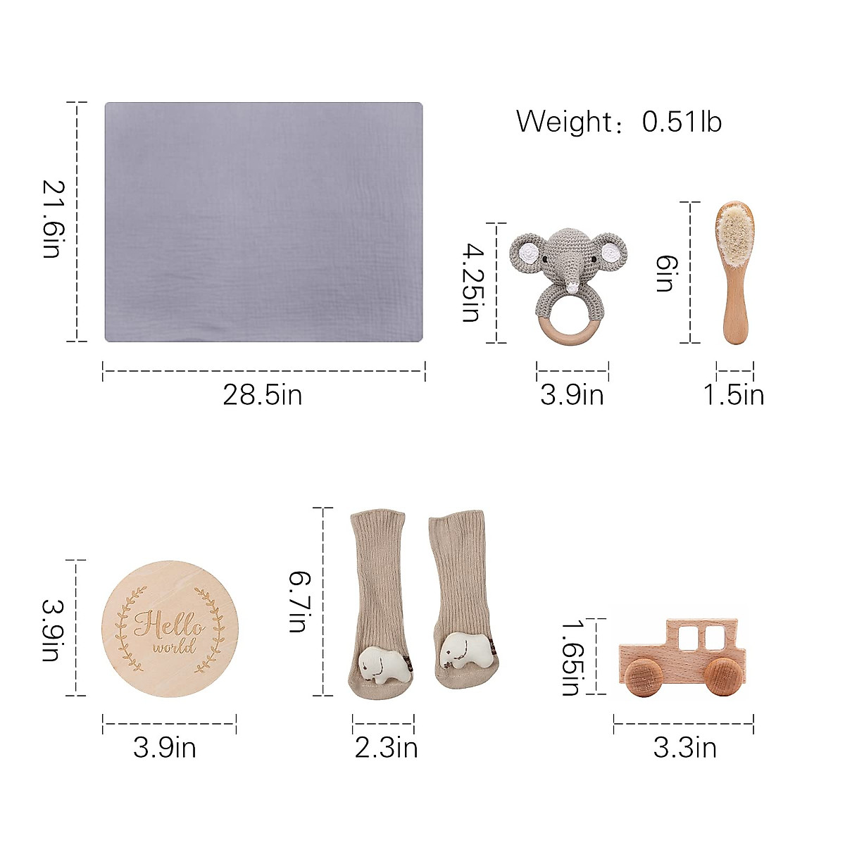 OESSUF New Born Baby Gift Basket, Baby Boys Girls Shower Gifts with Wooden Elephant Rattles, 6PCs Newborn Essentials Bath Set with Baby Brush,Blanket,Milestones Cards