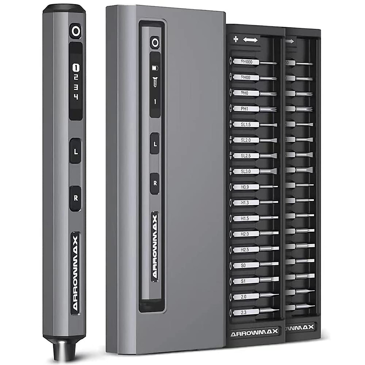 AM ARROWMAX Electric Screwdriver, Precision Screwdriver w/ 34 Magnetic Bits, 4 Torque Settings, Red Dot, IF Winning Design, Rechargeable Mini Cordless Power Screwdriver for Phone, Laptop, Camera, Gray