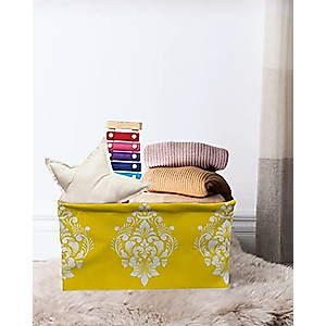 Yellow Storage Bins for Organizing, Decorative Large Closet Organizers with Handles Cubes - 2 Pack Fabric Baskets for Shelves, Closets, Laundry, Nursery, Classical Luxury Damask Texture