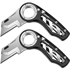 Tondiamo 2 Pcs Folding Pocket Utility Knife Heavy Duty Box Cutter Folding Razor Knife with Anti Slip Finger Loop Easy Change Blades 3 Lock Positions Design(Black)