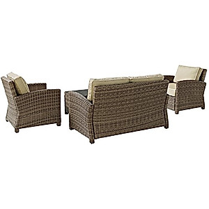 Crosley Furniture Bradenton 4-Piece Outdoor Loveseat Patio Furniture Set, Wicker Conversation Sets for Porch, Brown with Sand Cushions