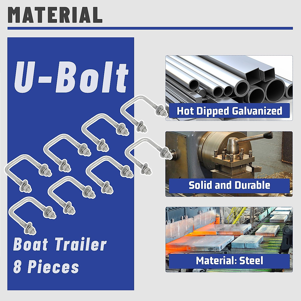1/2" Diameter 13" Thread Square U-Bolt for Boat Trailer 8 Pieces 1/2" D x 3 1/16" W x 4 5/16" L