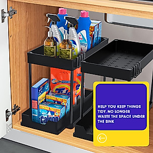 Ulimart 2Pcs Under Sink Organizers And Storage,Multi-Purpose 2-Tier Under Sliding Cabinet Basket Organizer With Hooks & Hanging Cup,Under Sink Storage For Bathroom Kitchen,Black