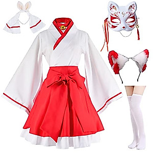 Japanese Anime red White Kimono Fox Rabbit Cosplay Costume Furry Fox Ear Mask with Socks 2XL