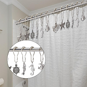 SUPERFINDINGS 12Pcs 6 Styles Ocean Theme Shower Curtain Rings Iron Shower Curtain Hooks Rings with Alloy Animal Pendants Starfish Fishbone Octopus Metal Shower Rings Hooks for Bathroom