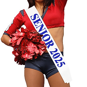 White Senior 2025 Satin Sash with Blue Glitter Letters- 2025 Graduation Sash - Finally Graduated - Senior Cheer Sash - Cheerleader Sash - Competition Sash