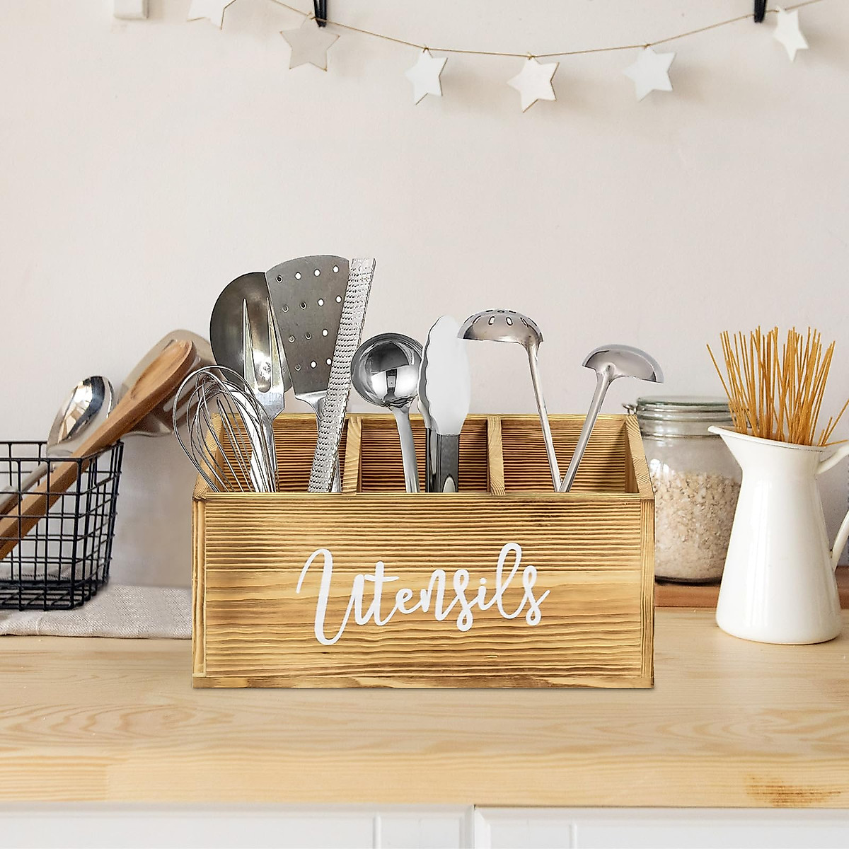 LADESIGGN Kitchen Utensil Holder with 3 Compartments, Farmhouse Kitchen Decor Utensil Holder, Cooking Tools Silverware Caddy, Kitchen Countertop Utensil Holder for Silverware Fork Spoon Spatula