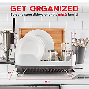 DASH SmartStore™ Full Size Dish Rack – Plates, Cups, Utensil Holder, Knife Slot, Drainage Spout + Drying Mat – White