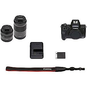 Canon EOS M50 Mark II Mirrorless Camera with 15-45mm and 55-200mm Lenses (Black) (4728C014) + 64GB Card + Color Filter Kit + Filter Kit + Charger + LPE12 Battery + Wide Angle Lens + More (Renewed)