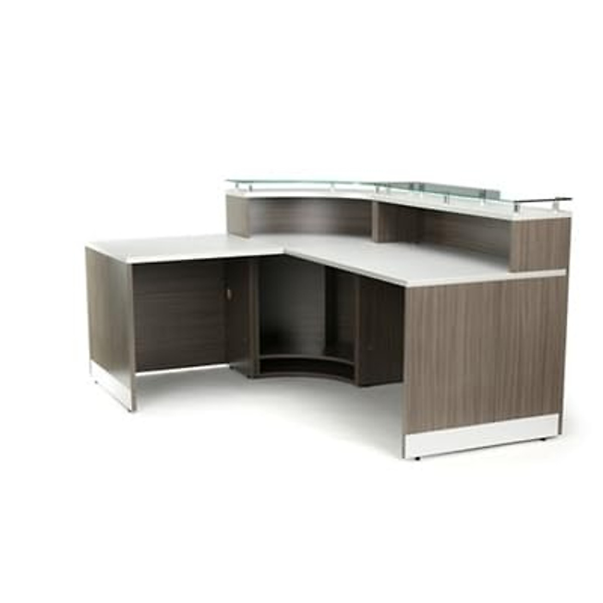 NBF Modern Reception Desk with Counter, Front Desk, Retail Checkout Counter, L Shaped, Office, Lobby, Salon, Store, Curved, 79" W x 63" D, Driftwood