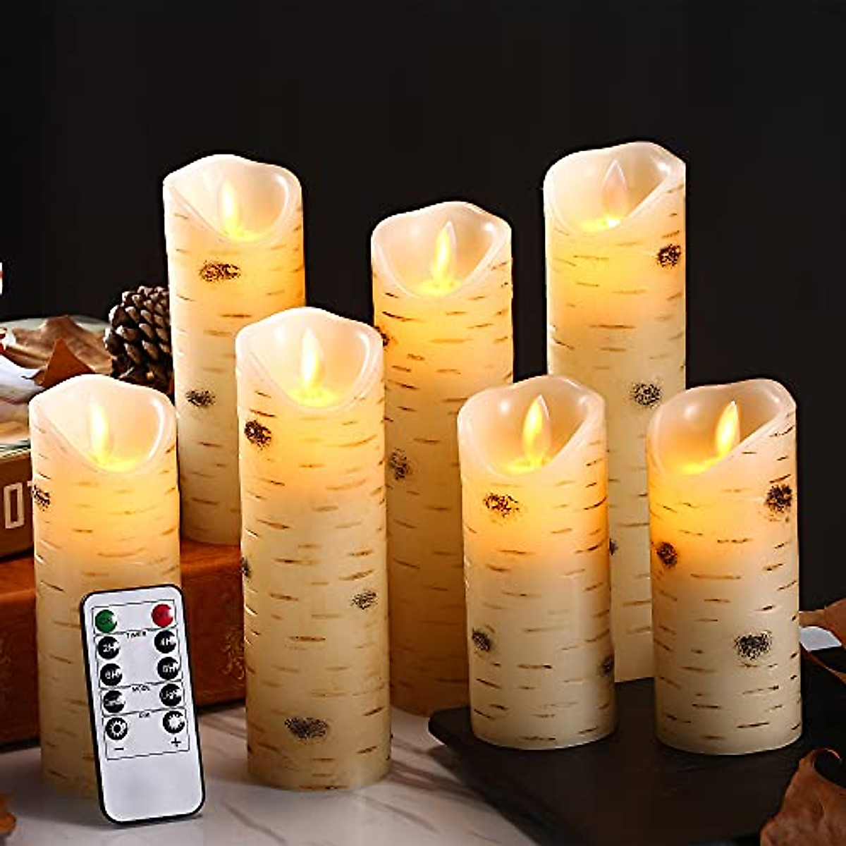 kedtui Flameless Candles Battery Operated Candles with Birch Bark Effect Set of 7 Ivory Real Wax Pillar Dancing LED Flames Candles with 10-Key Remote Control and Cycling 24 Hours Timer…