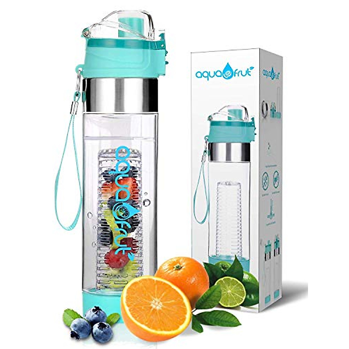 New Improved Unique Bottom Loading Fruit Infuser Water Bottle Complete Bundle Includes Bottle Brush, Insulating Sleeve & Infusion Recipe eBook. Leak Proof Sweat Proof BPA-Free (Teal)