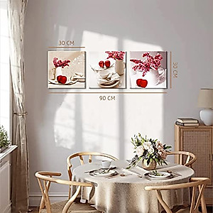 Red Apple Wall Art for Kitchen, SZ Flower Bowl and Dish Canvas Prints Decor for Dining Room (Waterproof Artwork, Bracket Mounted Ready to Hang)