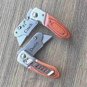 Personalized Utility Box Knife with Clip, Custom Engraved Pocket Knife Box Knives Wood Handle- Engraved from USA.