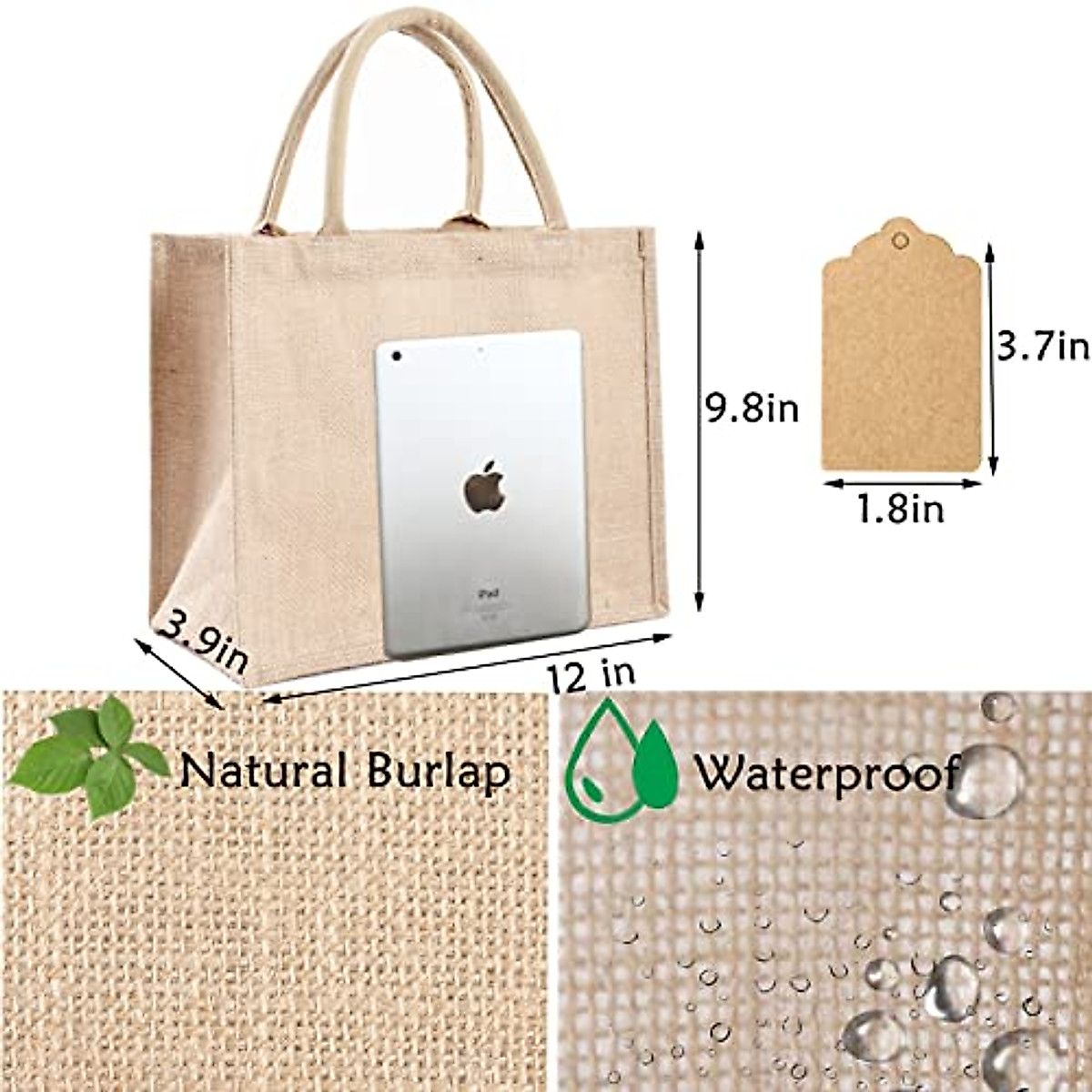Achaohe Burlap Tote Bags Bulk 6 Pack Jute Reusable Canvas Gift Favors Bag with handle Water Resistant for Women Bridesmaid Wedding Beach Shopping (6 Pack 12 x 9.8 x 3.9)