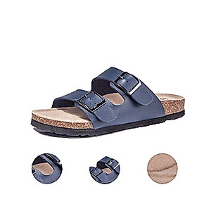 TF STAR Women 2-Strap Adjustable Buckle, Flat Casual Cork Slide Sandals,Slide Cork Footbed Sandals for Women/Ladies/Girls Navy