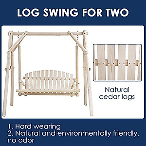 Wooden Porch Swing with Stand, 2-Seat Porch Swings Outdoor Log Patio Swing Chair, A-Frame Garden Swing Seat Outdoor Swing for Adults/Kids Patio Backyard Deck, Capacity 450 LBS, Natural Wood