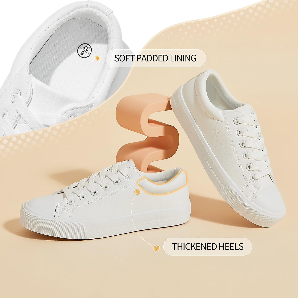 Eydram Women's Synthetic Leather White Tennis Shoes,Lace up White Sneakers,Low Top Fashion Sneakers(White.US9)