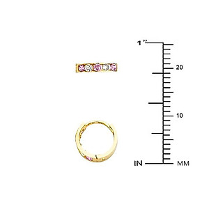 14k Yellow Gold 2mm Thickness Multi Color CZ Channel Set Hoop Huggie Earrings (10 x 10 mm)