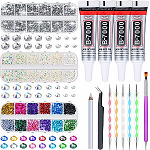 B7000 Jewelry Glue with Rhinestones for Crafts, 4500Pcs Rhinestones Gems with Rhinestone Glue for Shoes Cloth Fabric with Wax Picker Pencil for Crafting Diamoment Painting Jewelry Making and Nail Art