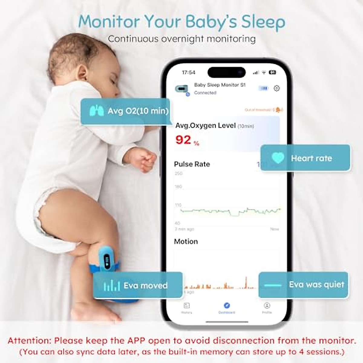 Babytone Baby Oxygen Monitor, Baby Sleep Monitor, Tracking Avg O2, Pulse Rate and Movement for Infant, Wearable Foot Monitor with Bluetooth and APP, for 0-36 Months Newborn's Sleep (New Sock Version)