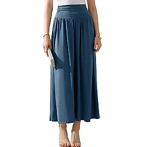 DOUBLJU Casual High Waisted Maxi Skirts with Pocket Elastic Wide Waist Band Flare Long Basic Skirts for Women Trendy Summer