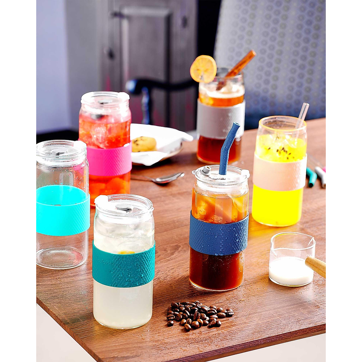 ColoVie 20oz Mixed Drinking Glasses with 6 Colors, Thicken Reusable Glass Tumblers with Lids and Straws, Removable Silicone Sleeve for Hot or Iced Drinking, Unique Colorful Glass Cups