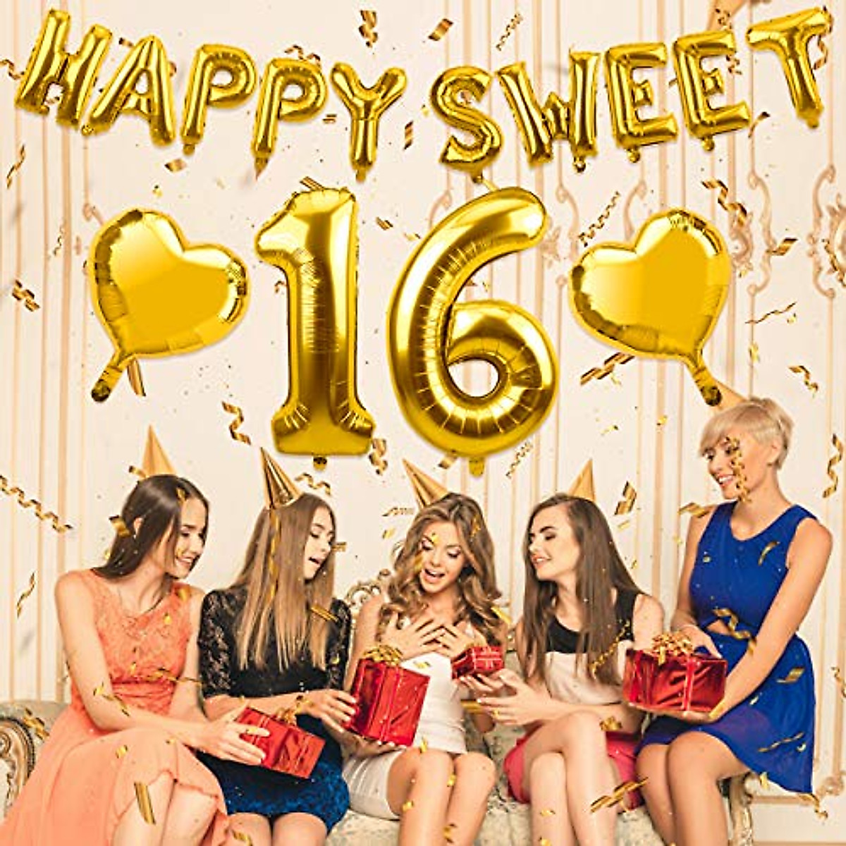 Lnlofen Happy Sweet 16 Balloon Banner with 2 Heart Foil - Gold 16th Birthday Party Decorations - Happy Sixteen Party Decorations Supplies