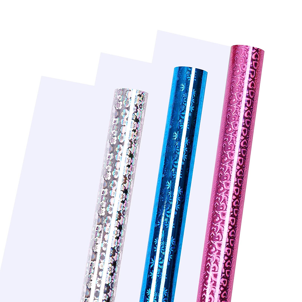 LeZakaa Holographic Foil Wrapping Paper - Mini Roll - Pink Heart/Blue and Silver Flower Design for Birthday, Wedding, Bridal Shower - 17 x 120 inches - 3 Rolls (42.5 sq.ft.ttl.)